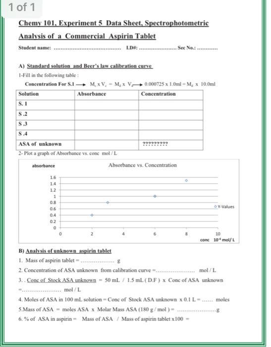 Solved 1 of 1 Chemy 101, Experiment 5 Data Sheet, | Chegg.com