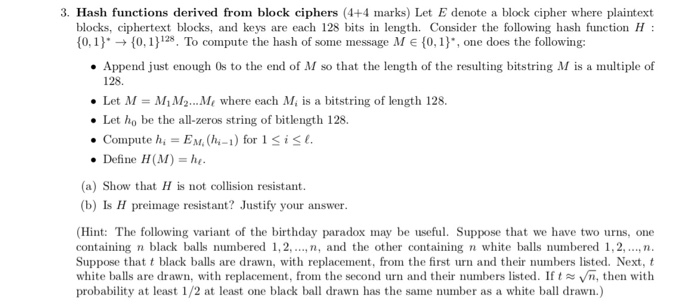 3. Hash functions derived from block ciphers (4+4 | Chegg.com