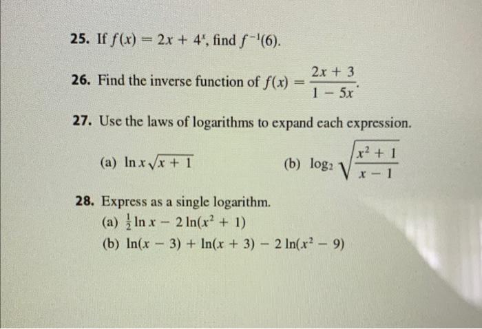 Solved 25. If f(x)=2x+4x, find f−1(6). 26. Find the inverse | Chegg.com