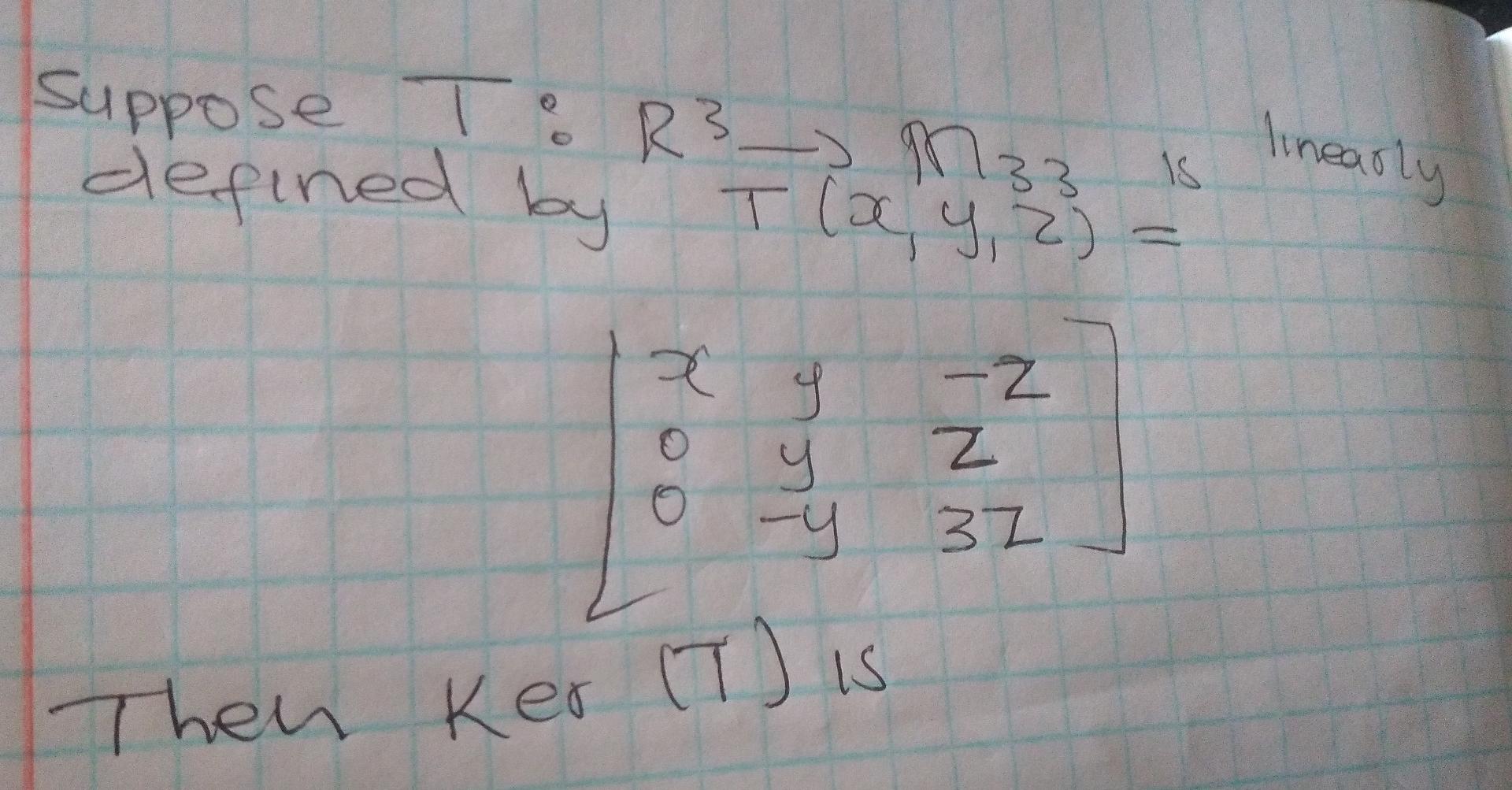 Solved suppose T:R3⇒M33 is linearly defined by T(x,y,z)= | Chegg.com