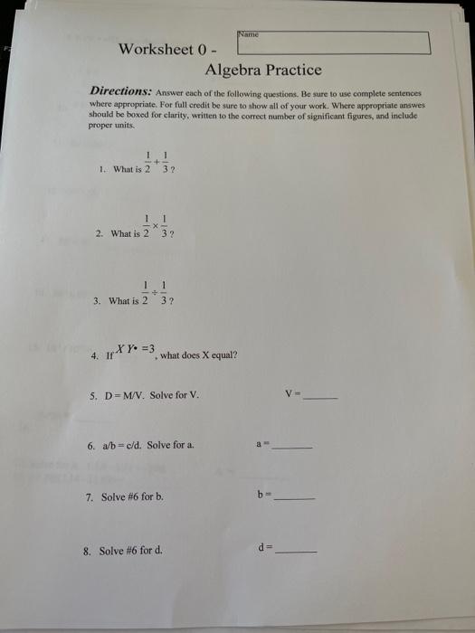 Solved Worksheet 0 - Algebra Practice Directions: Answer | Chegg.com