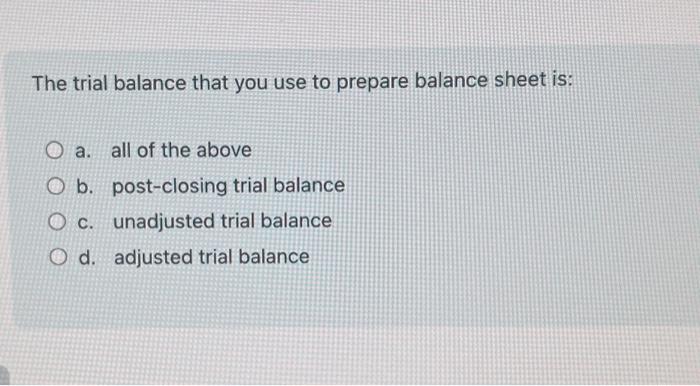 Solved The trial balance that you use to prepare balance | Chegg.com