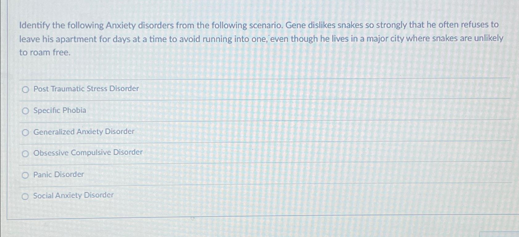 Solved Identify the following Anxiety disorders from the | Chegg.com