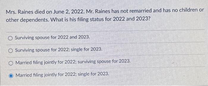 Solved Mrs. Raines died on June 2, 2022. Mr. Raines has not | Chegg.com