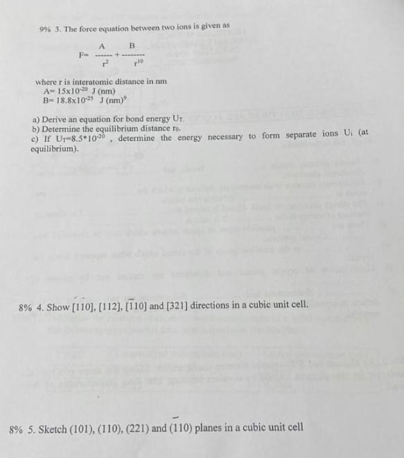 Solved 99. 3. The force equation between two ions is given | Chegg.com
