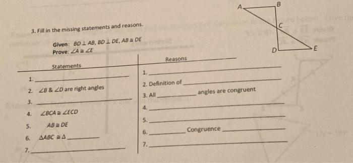 Solved 3. Fill in the missing statements and reasons. Given: | Chegg.com