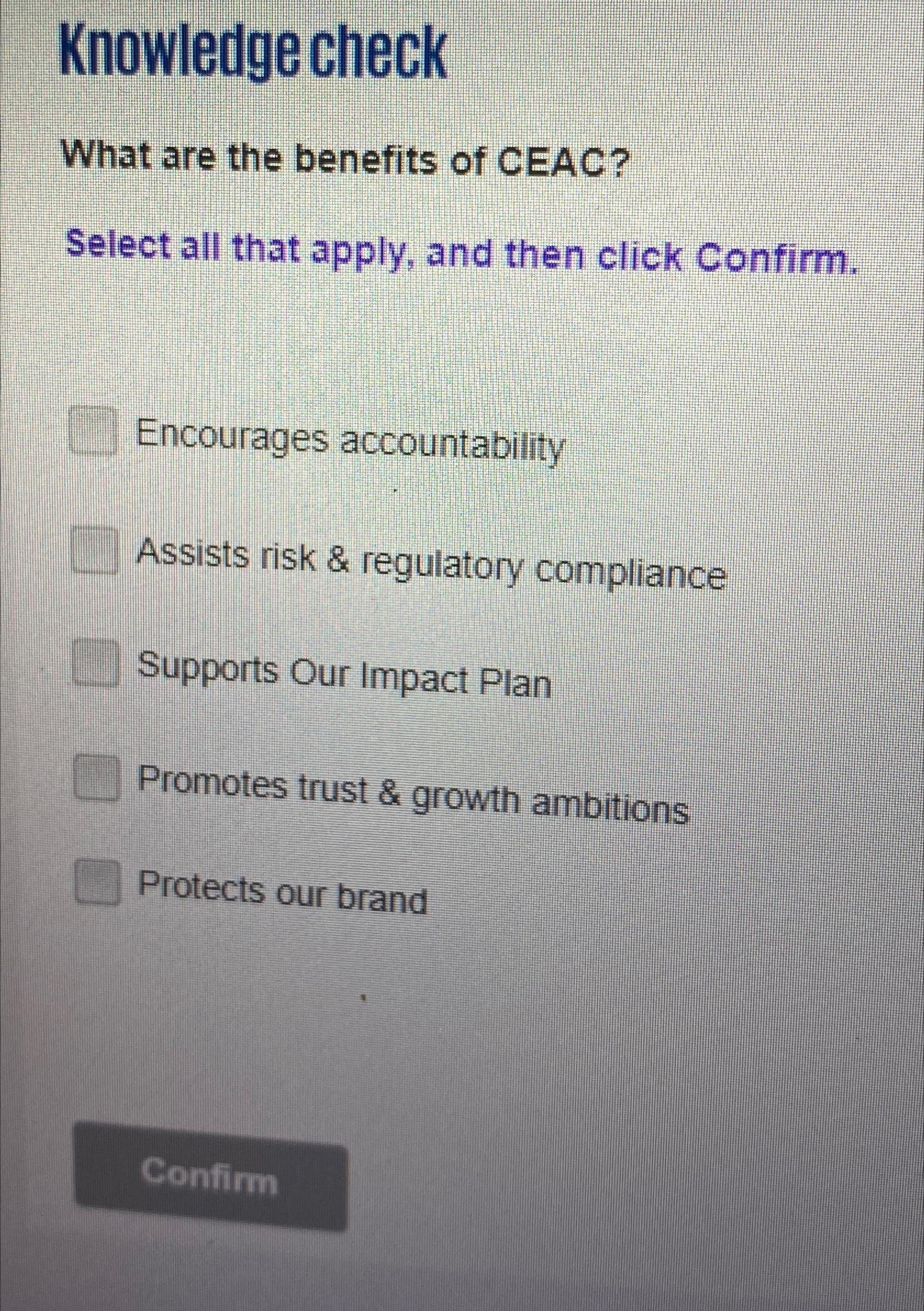 Solved KnowledgecheckWhat are the benefits of CEAC?Select | Chegg.com