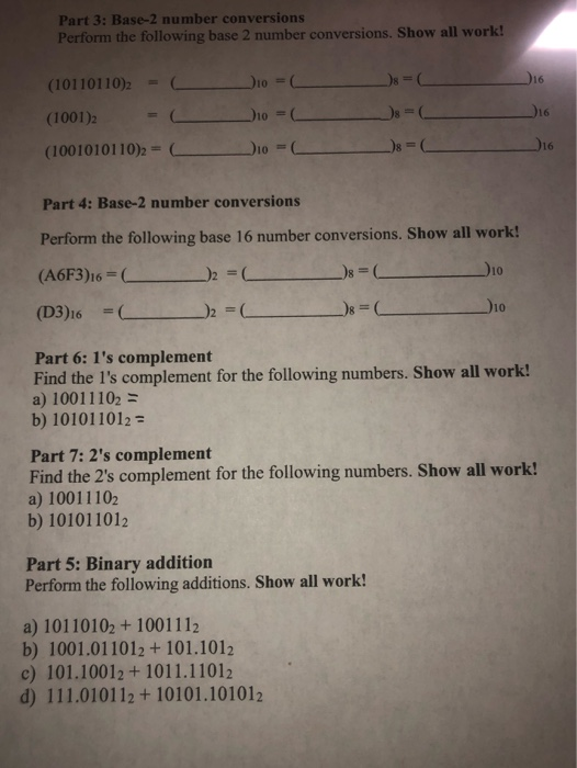 Solved Part 3: Base-2 number conversions Perform the | Chegg.com
