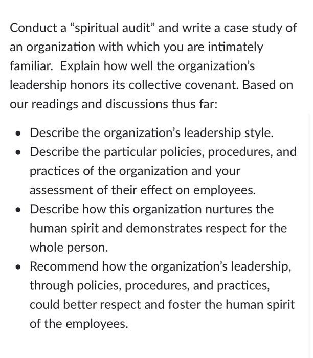 Solved Conduct a "spiritual audit" and write a case study of | Chegg.com