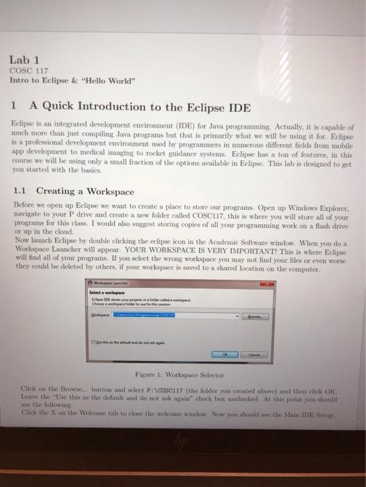 Solved Lab 1 COSC 117 Intro to Eclipse & "Hello World" 1 A | Chegg.com