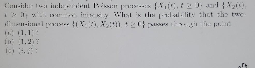 Solved Consider two independent Poisson processes {Xi(t), t | Chegg.com