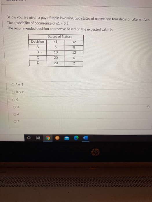Solved Below you are given a payoff table involving two | Chegg.com