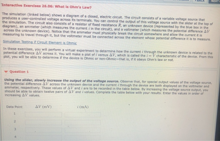 NEXT Interactive Exercises 26.06: What is Ohm's Law? | Chegg.com