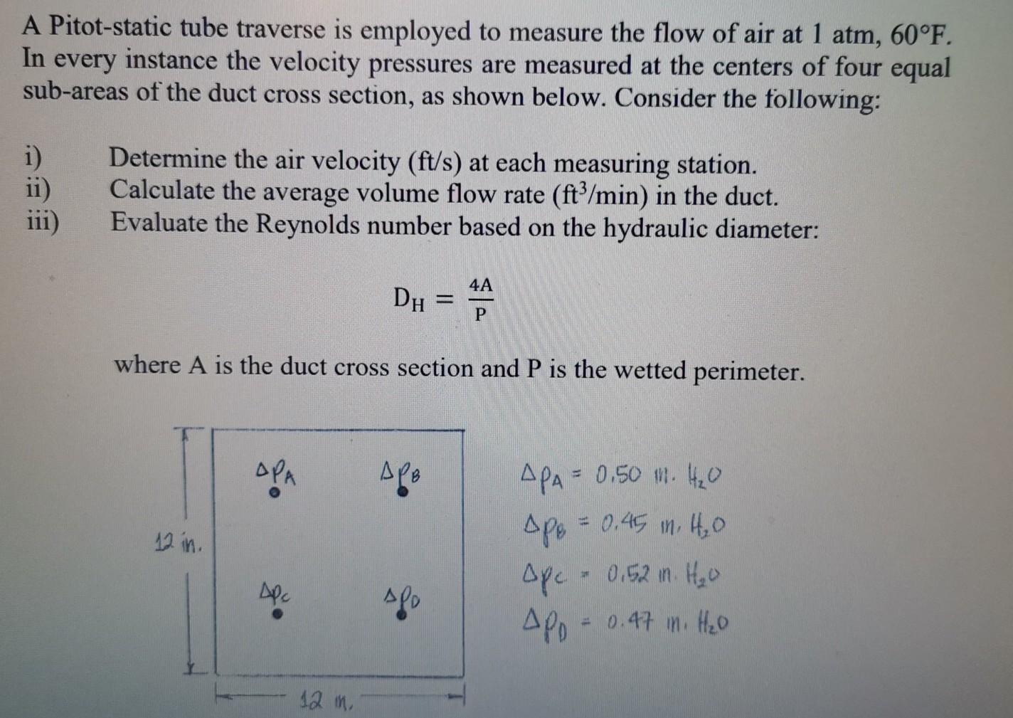 Solved A Pitot-static tube traverse is employed to measure | Chegg.com