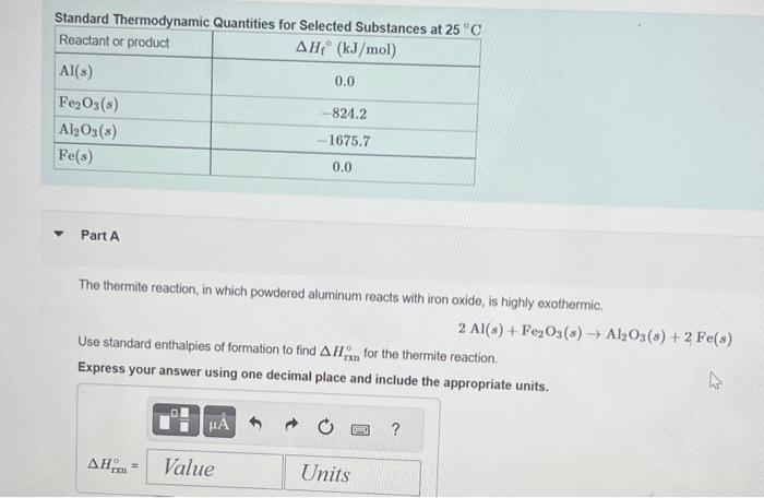 Solved NOTE: CHART IS IN THE PICTURE!!! The thermite | Chegg.com