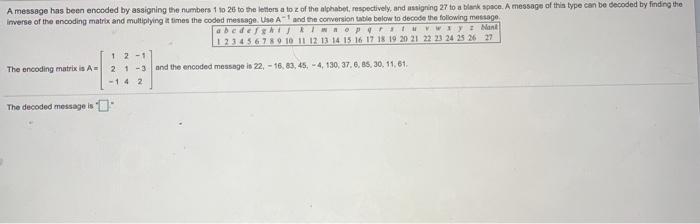Solved A message has been encoded by assigning the numbers 1 | Chegg.com