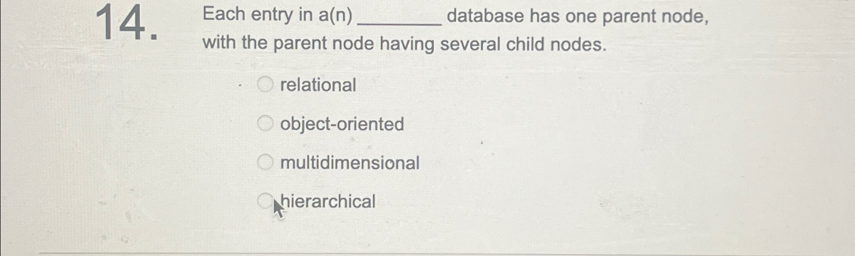 Solved Each entry in a(n) ﻿database has one parent node, | Chegg.com