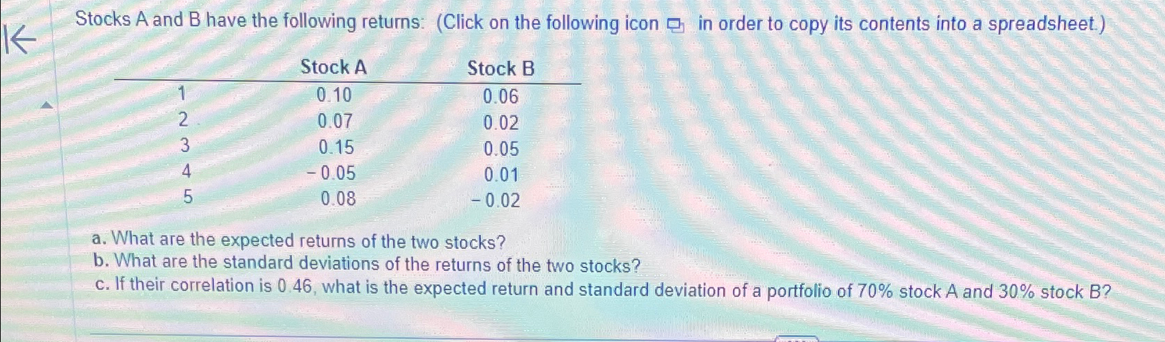 Solved Stocks A and B ﻿have the following returns: (Click on | Chegg.com