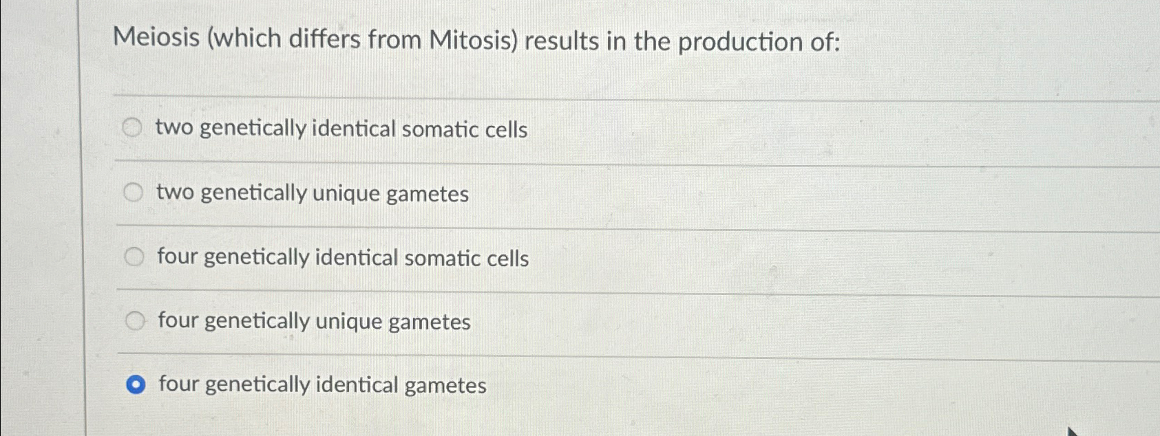 Solved Meiosis (which differs from Mitosis) ﻿results in the | Chegg.com