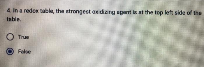Solved 4. In a redox table, the strongest oxidizing agent is | Chegg.com