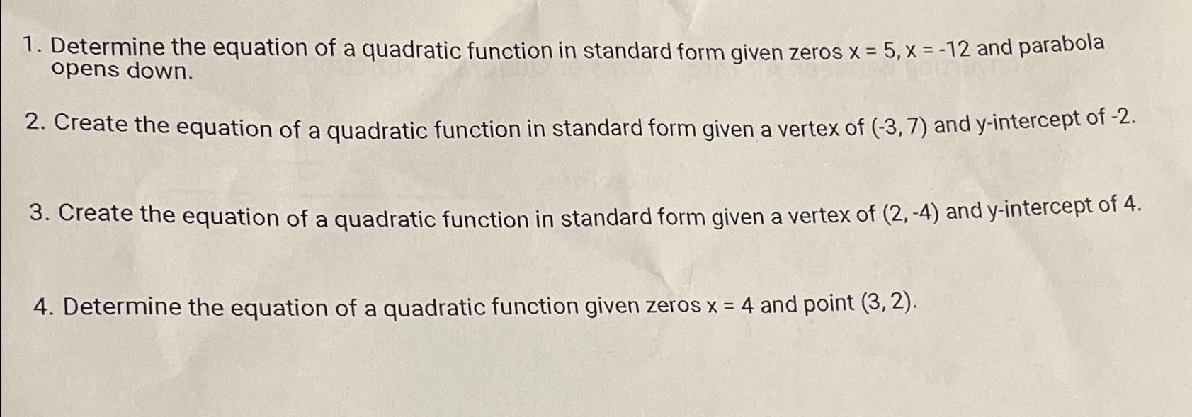 Solved Determine the equation of a quadratic function in | Chegg.com