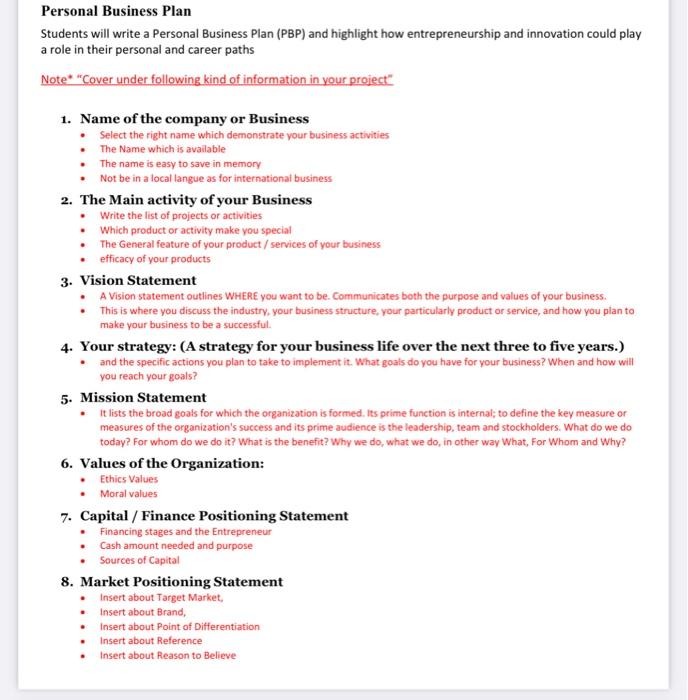 Solved Personal Business Plan Students will write a Personal | Chegg.com