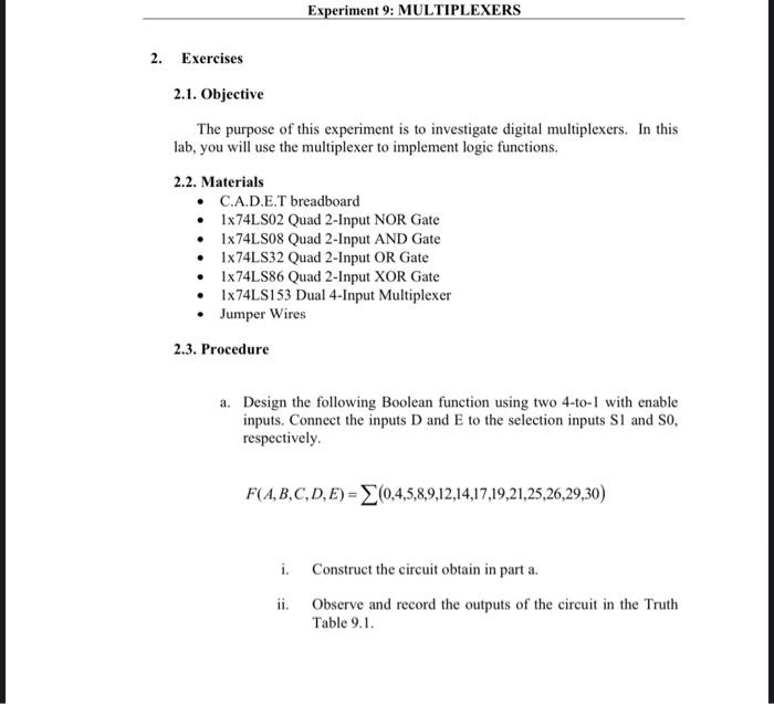 Solved Experiment 9: MULTIPLEXERS Experiment 9 Multiplexers | Chegg.com