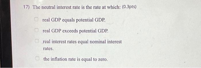 Solved 17) The neutral interest rate is the rate at which: | Chegg.com