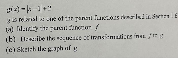 Solved g(x)=∣x−1∣+2 g is related to one of the parent | Chegg.com