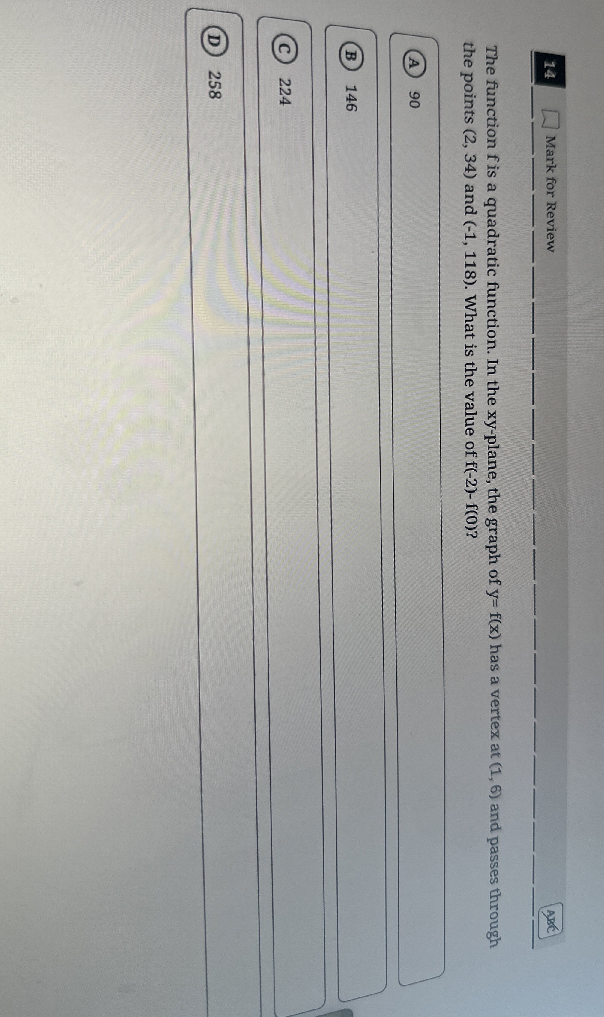 Solved 14Mark for ReviewThe function f ﻿is a quadratic | Chegg.com