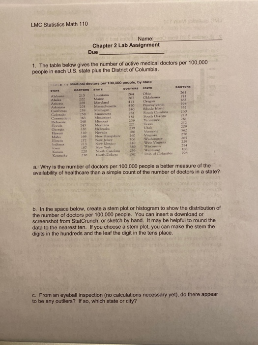 LMC Statistics Math 110 Name: Chapter 2 Lab | Chegg.com