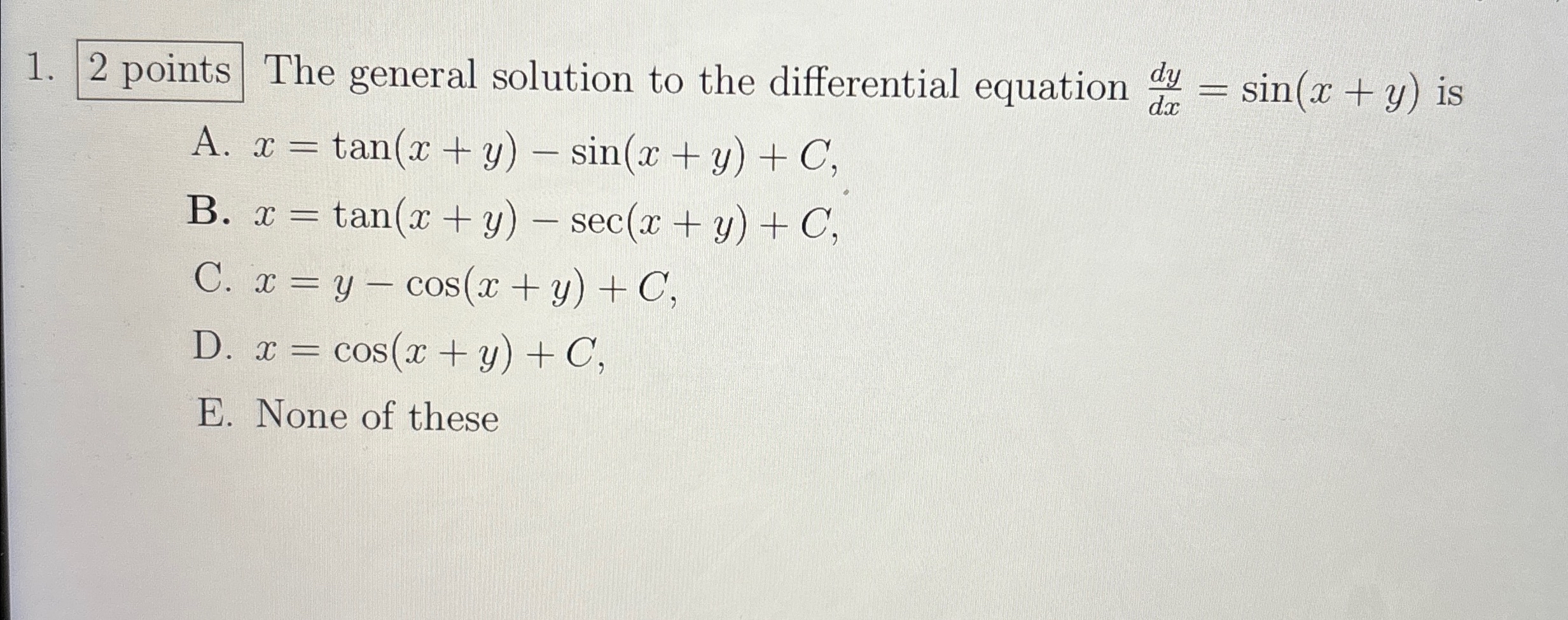 Solved 2 ﻿points The general solution to the differential | Chegg.com