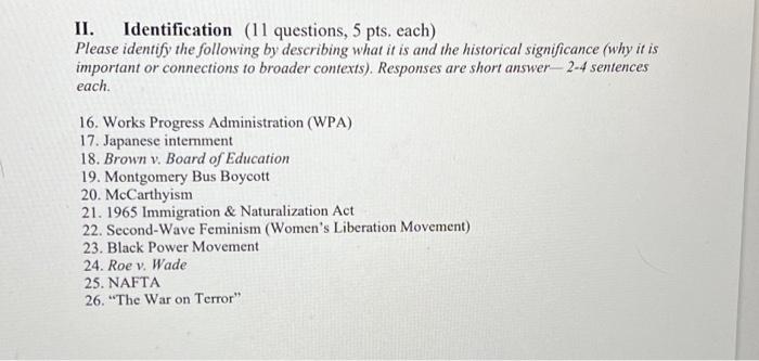 II. Identification (11 questions, 5 pts, each) Please | Chegg.com