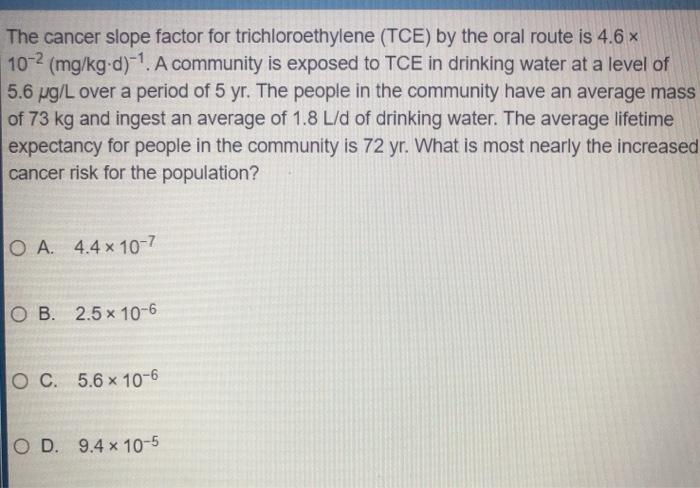 The cancer slope factor for trichloroethylene (TCE) | Chegg.com