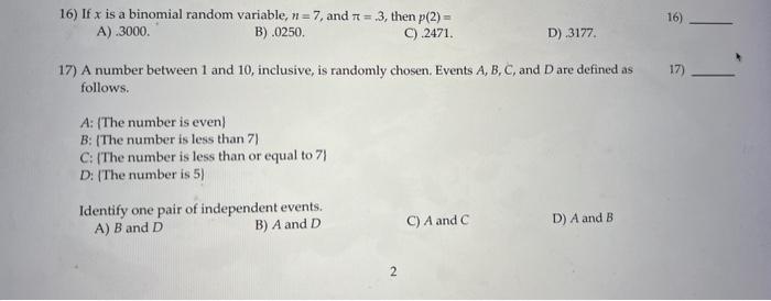 Solved 16 If X Is A Binomial Random Variable N7 And π3 