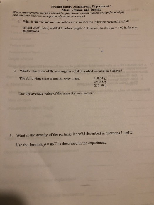 Solved Prelaboratory Assignment: Experiment 3 Mass, Volume, | Chegg.com