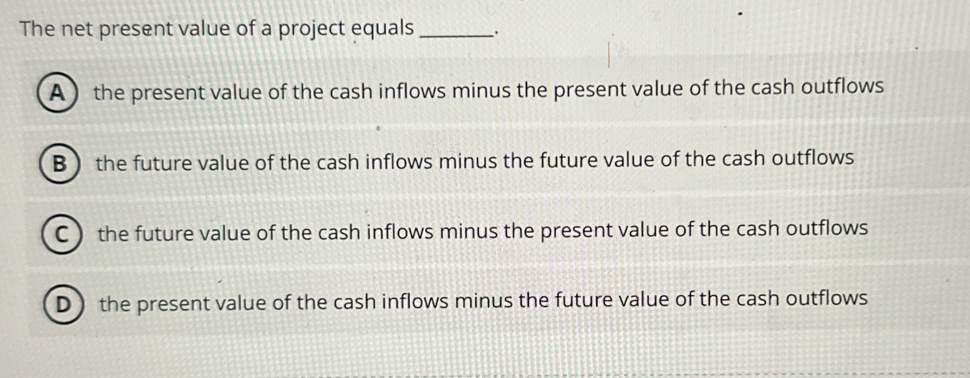 Solved The net present value of a project equals q,the | Chegg.com