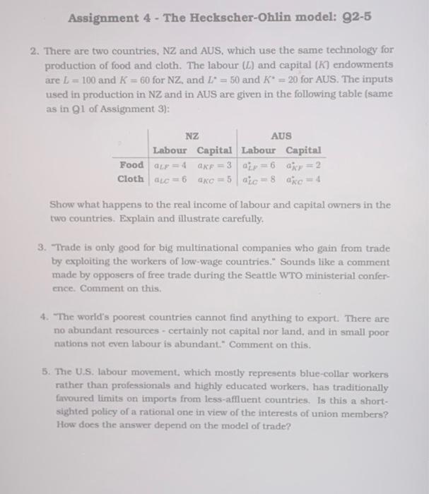 Solved Assignment 4 - The Heckscher-Ohlin model: 92-5 2. | Chegg.com