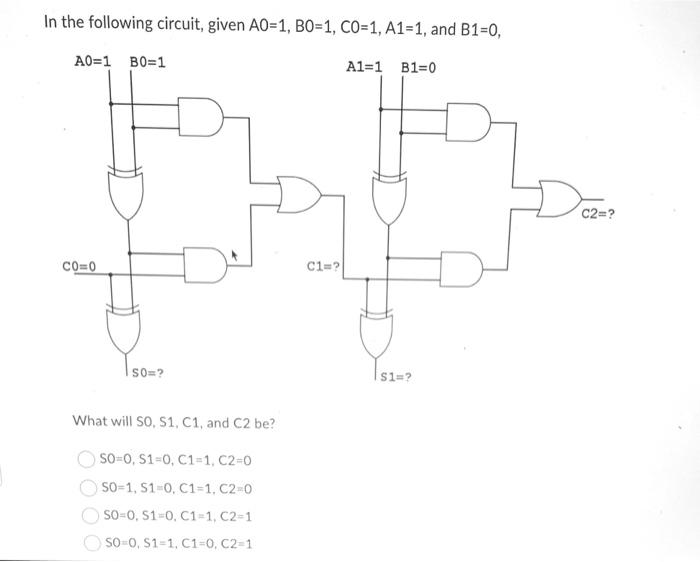 Solved In the following circuit, given AO=1,B0=1,C0=1,A1=1, | Chegg.com