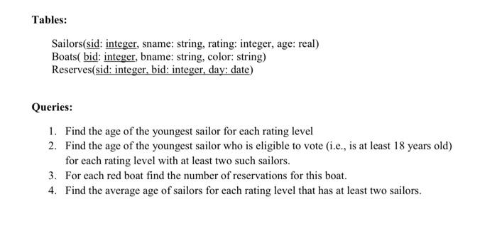 Solved Tables Sailors Sid Integer Sname String Rating