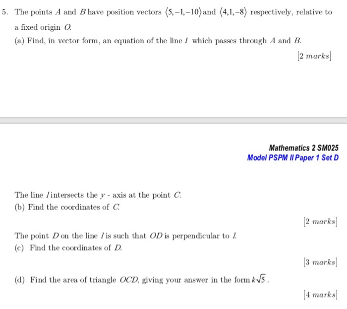 Solved 5. The points A and B have position vectors 5,-1,-10) | Chegg.com