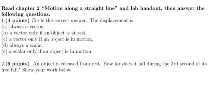 Solved Read chapter 2 "Motion along a straight line" and lab | Chegg.com