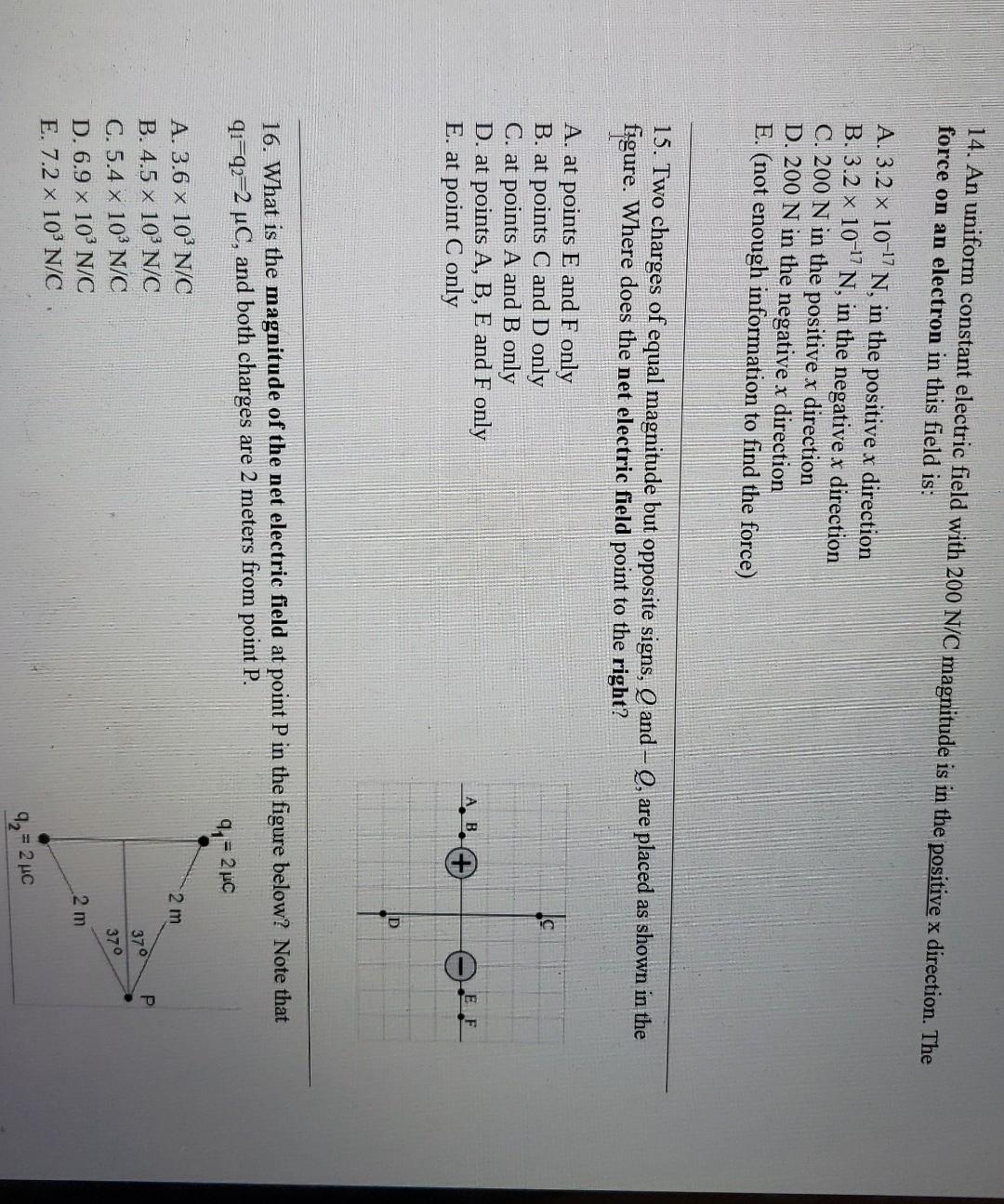 Solved 14. An uniform constant electric field with 200 N/C | Chegg.com