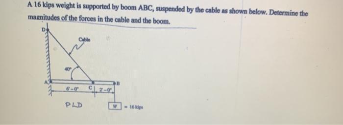 Solved A 16 kips weight is supported by boom ABC, suspended | Chegg.com