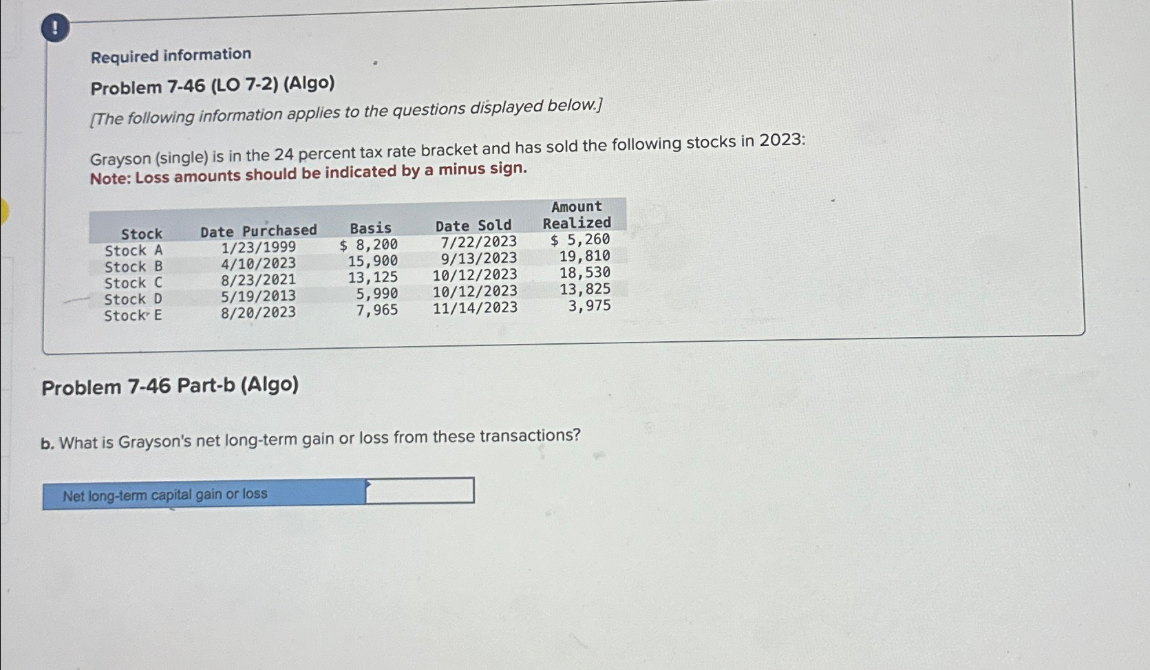 Solved !Required informationProblem 7-46 (LO 7-2) (Algo)[The | Chegg.com