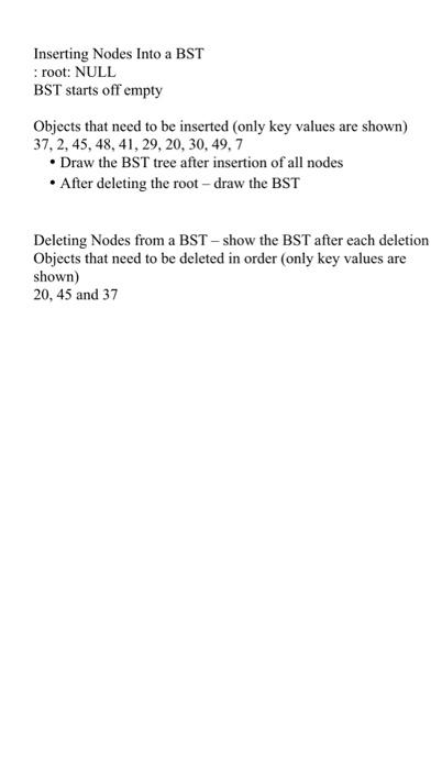 Solved Inserting Nodes Into a BST :root: NULL BST starts off | Chegg.com