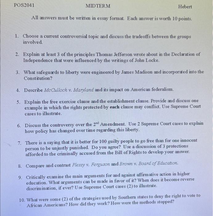 POS 2041 MIDTERM Hebert All answers must be written | Chegg.com