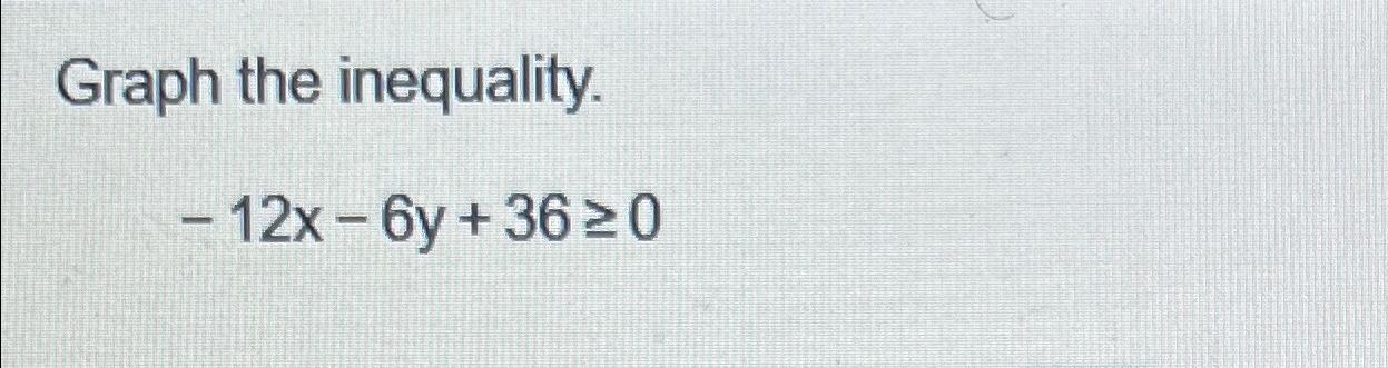 Solved Graph the inequality.-12x-6y+36≥0 | Chegg.com