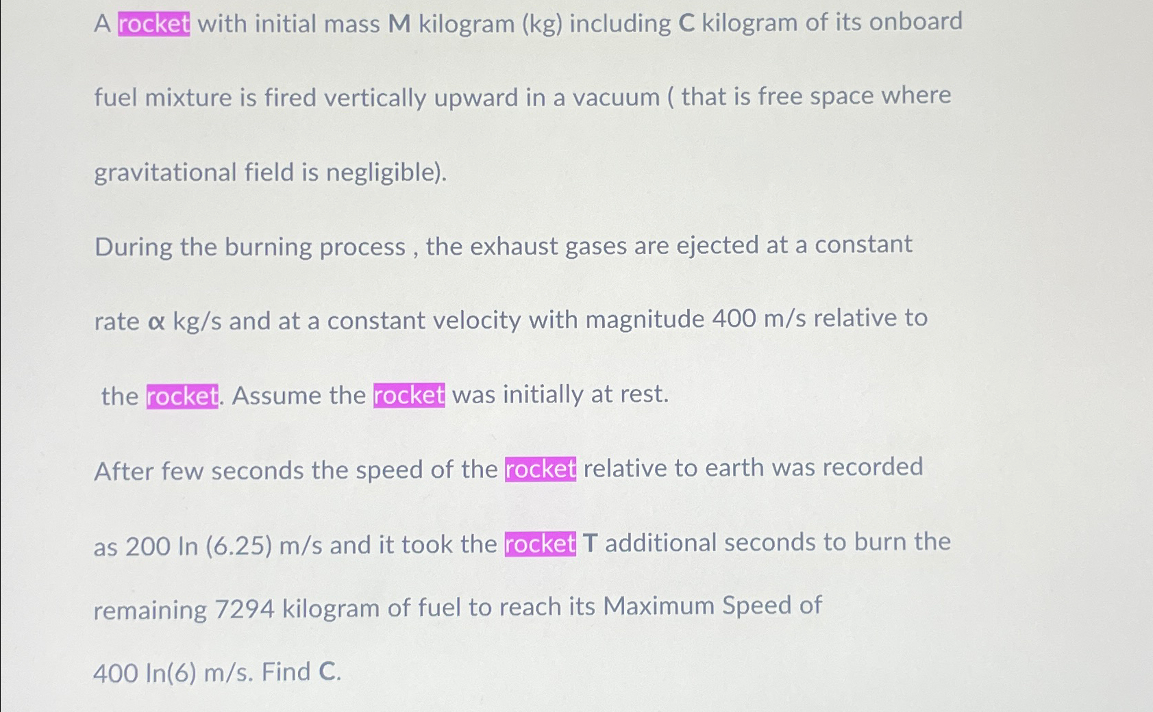 Solved A rocket with initial mass M ﻿kilogram (kg) | Chegg.com
