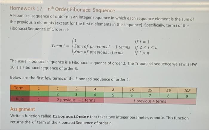 Solved Homework 17−nth Order Fibonacci Sequence A Fibonacci | Chegg.com
